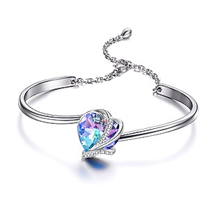 AOBOCO Love Heart Bangle Bracelet Sterling Silver Women Bracelet Embellished with Blue-purple Crystals from Austria, Fine Anniversary Birthday I Love You Jewelry Gifts for Wife Girlfriend Daughter