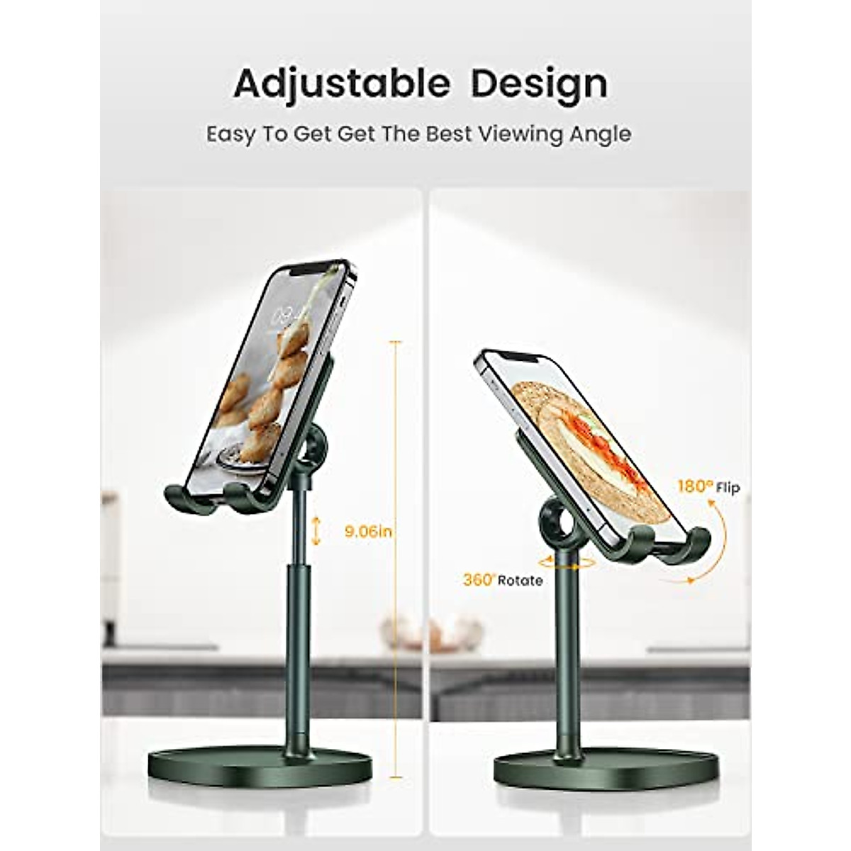 LISEN Cell Phone Stand,Angle Height Adjustable Stable Cell Phone Stand for Desk,Sturdy Aluminum Metal Phone Holder (Green)