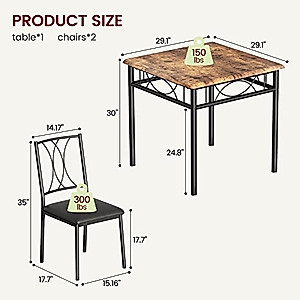 Amyove Kitchen Table Set for 2, 3 Piece Dining Table and Chairs, Metal and Wood Square Dining Room Table Set with 2 Upholstered Chairs, Dining Table Set for Small Spaces, Apartment, Rustic Brown