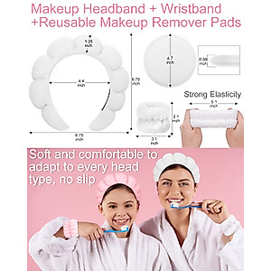 PGRODE 5Pcs Black Sponge Spa Headband for Women Face Washing, Makeup Headband and Wristband Set Come with 2 Reusable Makeup Remover Pads for Washing Face (Black)