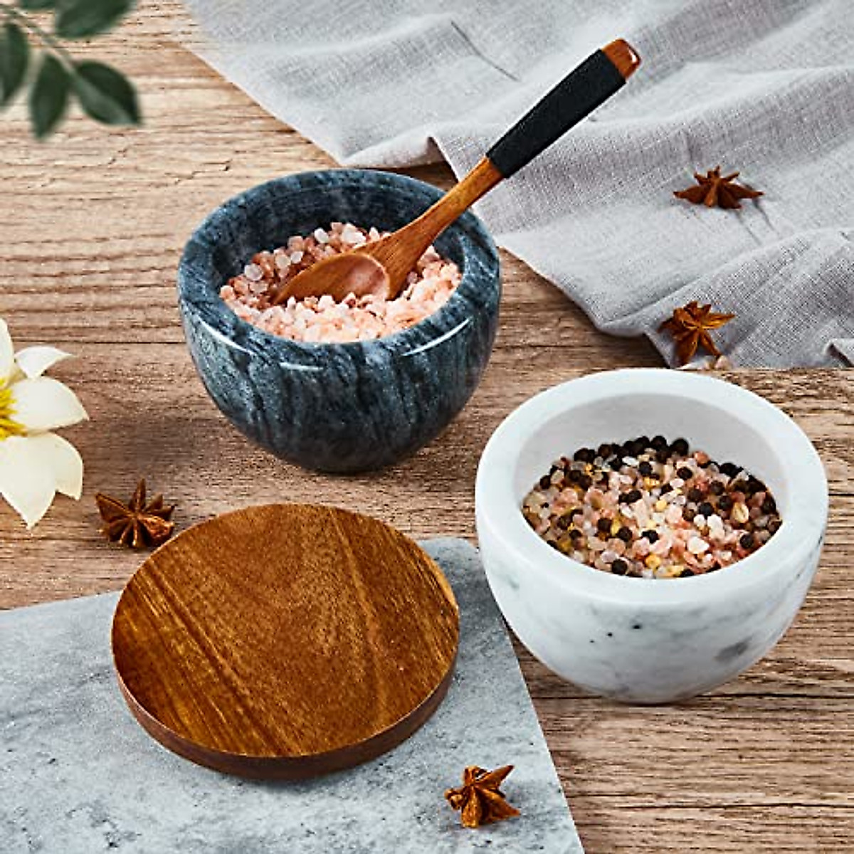 MarcZero Large Salt Box Spice Seasonings Keeper Pepper Container,Marble Base with Wooden Cover,Salt Cellar Big Capacity Elegant Design (White)