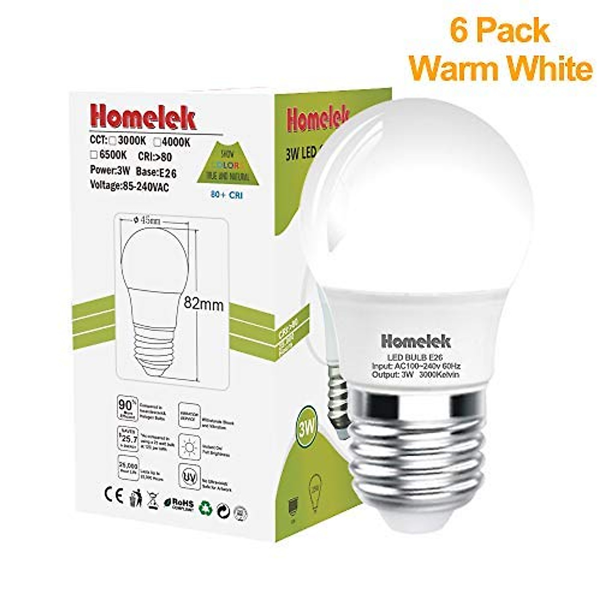 Homelek (6 Pack) 3W LED Light Bulbs, Equivalent to 25W, E26 Base, G45/G14 Bulb, 300 Lumens, Warm White 3000 Kelvin, Best for Bedrooms and Living Rooms