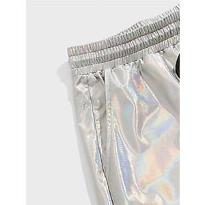 WDIRARA Men's Metallic Shiny Sparkly Drawstring Waist Shorts with Pockets Silver Reflective L