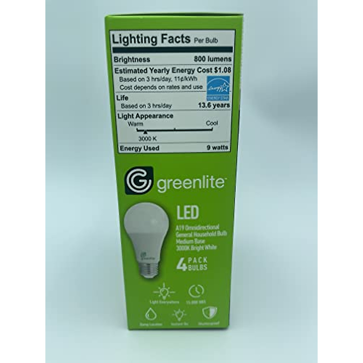 Greenlite 4 Pack 9W LED 60W Equivalent, Non-Dimmable Light Bulb