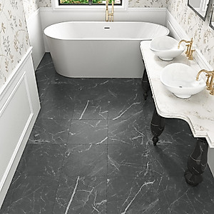 WESTICK Grey Black Marble Peel and Stick Floor Tile Vinyl Flooring Peel and Stick Bathroom Floor Tiles Waterproof Non-Slip Flooring Tile Sticker for Kitchen Bedroom RV 5 PCS 12" x 12"