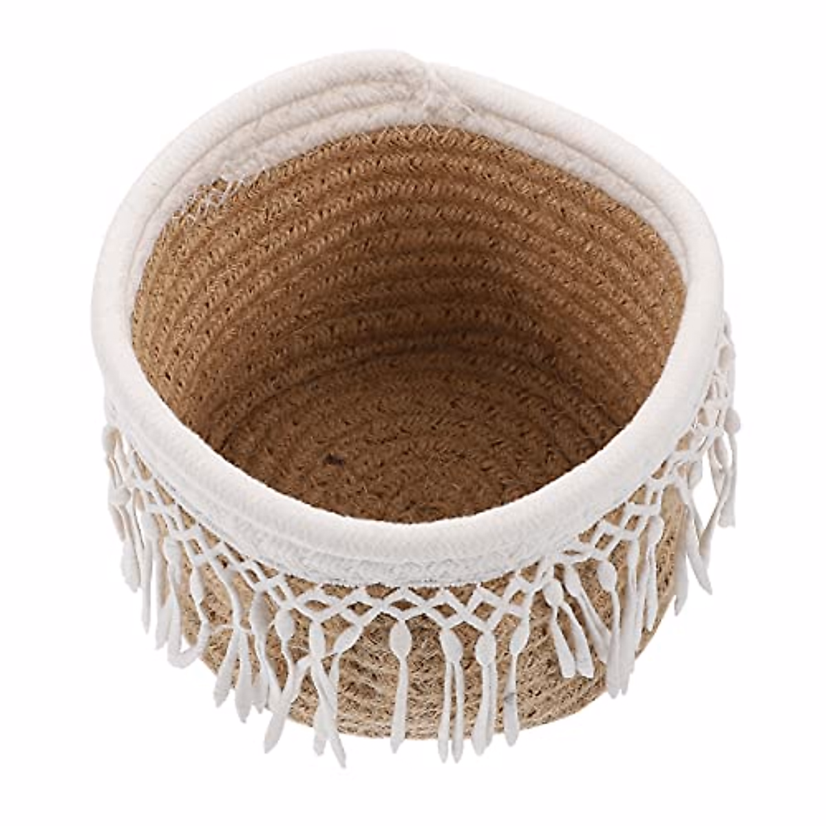Cabilock Cotton Thread Storage Basket Boho Basket with Tassel Jute Color Farmhouse Small Laundry Basket Table Storage Braided Bin Organizer with Tassel Fringe
