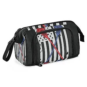 Glaphy American Flag with Lacrosse Hockey Pencil Case Large Capacity Pencil Pouch Bag Zipper Storage Stationery Bag for Office College School
