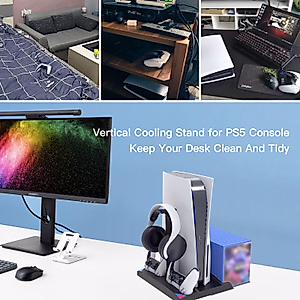 Goluodck PS5 Stand with Suction Cooling Fan and Dual Controller Charger Station for Playstation 5 PS5 Console, Suction Cooler Fan with Charging Dock Station and 12 Games Storage