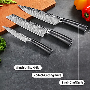 SANDEWILY 3 Piece Japanese Ultra Sharp Kitchen Chef Knife Set Pro German High Carbon Stainless Steel(7CR17MOV) with Sheaths & Gift Box Black Handle