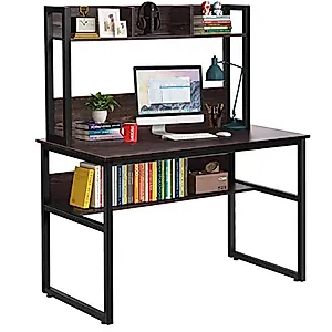 Tangkula Computer Desk with Hutch, Home Office Desk Study Writing Desk with Storage Bookshelves, Space Saving Computer Workstation for Home Office (Dark Walnut)
