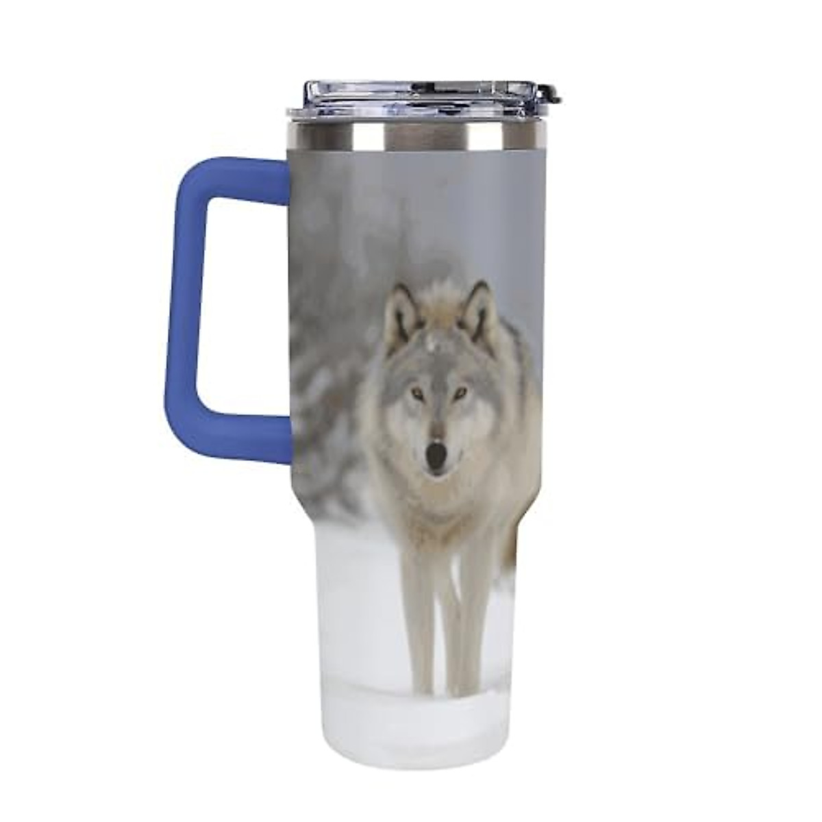 40 Oz Vacuum Tumbler with Deep Blue Handle Leakproof Insulated Tumbler Two Wolves Walking in The Snow Stainless Steel Travel Mug with Lid And Straw Coffee Cup Cute Water Bottles Cup Holder Friendly