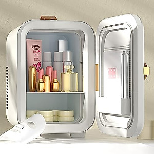 WOISSKEY Mini Fridge For Bedroom, 8 Liter AC/DC Portable Compact Refrigerators Thermoelectric Cooler and Warmer For Skincare, Beverage, Food, Cosmetics, Home, Office and Car, Beige