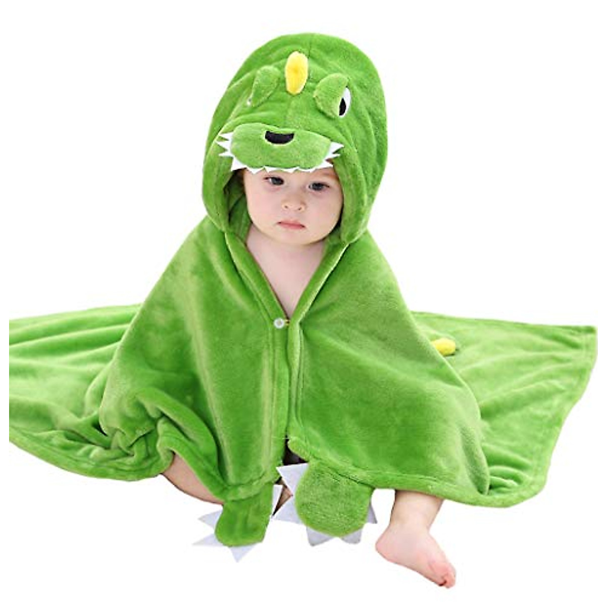 TONWHAR 0-4 Years Toddlers' And Kids' Boys Girls Animal Face Hooded Blanket Baby's Bathrobe,Plush After Bath Blanket (Green Dinosaur)