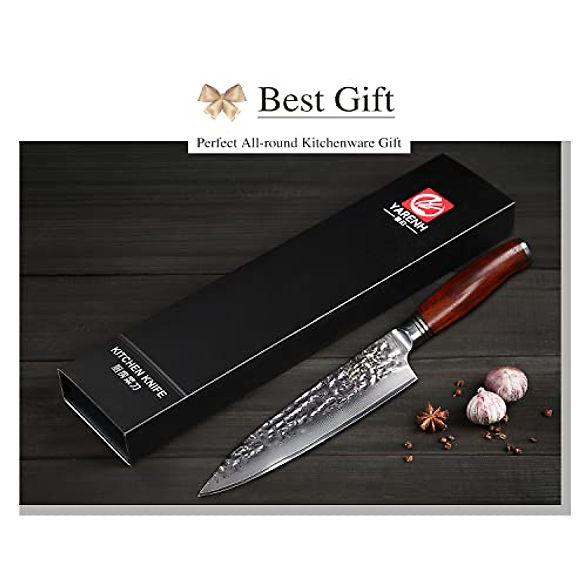 YARENH Chef Knife, 8 inch Professional Kitchen Knife,Sharp Damascus Stainless Steel Blade,73 Layers,High Carbon,Full Tang,Dalbergia Wood Handle,Gift Box Packaging,HTT-Series