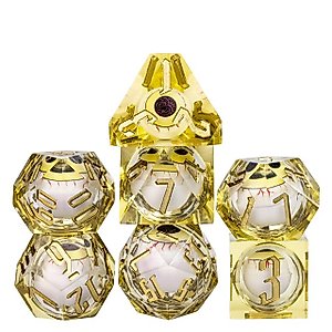 Yellow Beholder Eyeball Sharp DND Dice Set with Leather Dice Box | for Dungeons and Dragons, D&D, Sharp Edge, D20 Polyhedral Resin Dice, Dungeons and Dragons Gifts, Accessories