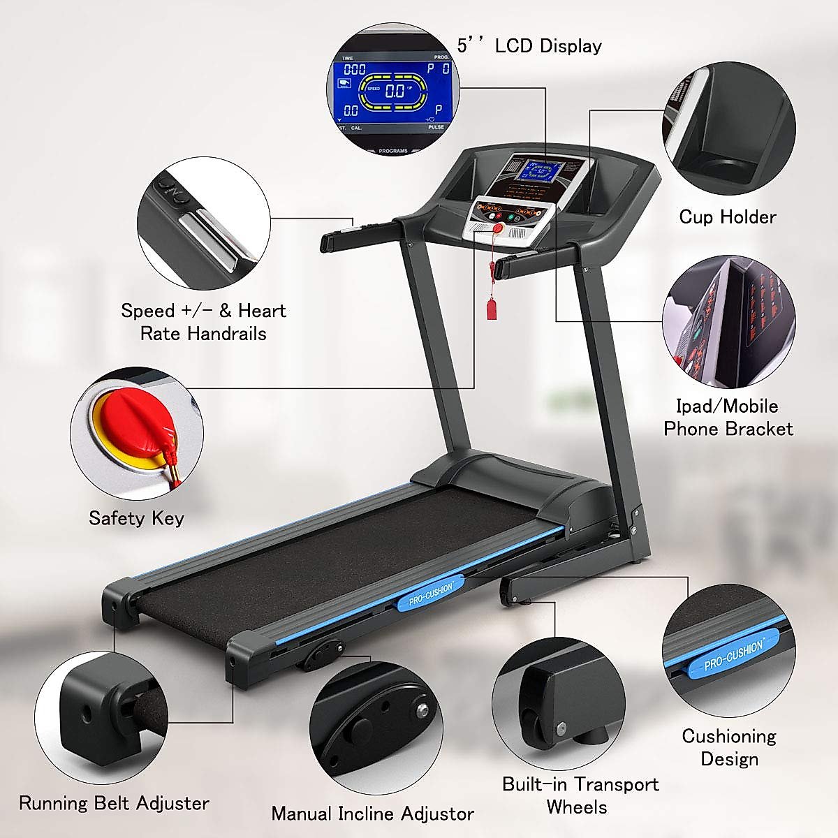 GYMAX Folding Treadmill, Electric Motorized Running Machine with LCD Monitor & Incline Options, Home Use Running Walking Jogging Machine for Cardio Workout Fitness