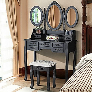 OTHZON Vanity Makeup Table 3 Mirror 7 Drawer Vanity Makeup Table Dressing Wood Desk Set with Stool Black GPJCFCDUS