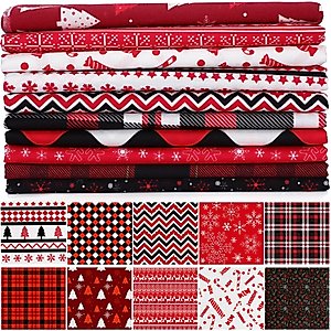 Hicarer 10 Pcs 20"x20" Christmas Cotton Fabric Square Bundles Red Black Reindeer Plaid Snowflake 10 Patterns Patchwork Christmas Fat Quarters for DIY Xmas Art Sewing Home Party Craft