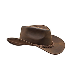 HADZAM Block Made of Grain Leather Cowboy hat for Men & Women Shapeable into Outback hat Great for Western Vintage Looks. Red Brown