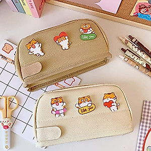 Funny live Handheld Pen Bag Pencil Case Stationery Pocket Cosmetic Makeup Bag, Deformable Standup Pen Holder Organizer with 3 Cute Little Tiger Pin Badges (Beige)