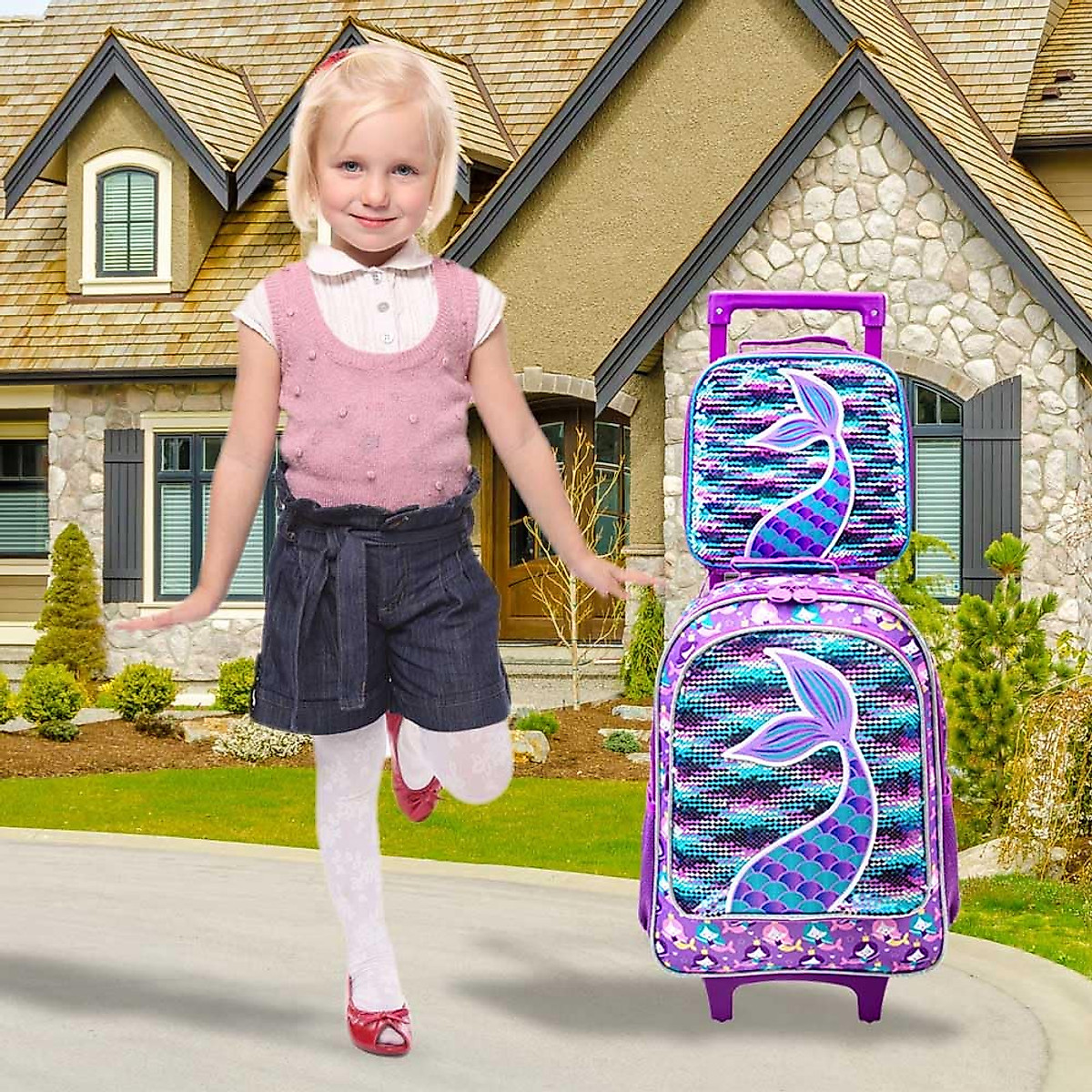 gxtvo Rolling Backpack for Girls, Roller Wheels Kids Bookbag - Wheeled Suitcase Elementary Sequin School Bag - 3PCS Mermaid