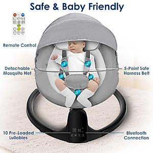 YAOYUQIAN Electric Baby Swing for Infants, Automatic Infant Swing, Compact Newborn Swing for Baby Boy Girl, Portable Baby Rocker Baby Bouncer with 10 Lullabies, 5 Speeds, 3 Seat Angles, Remote Control