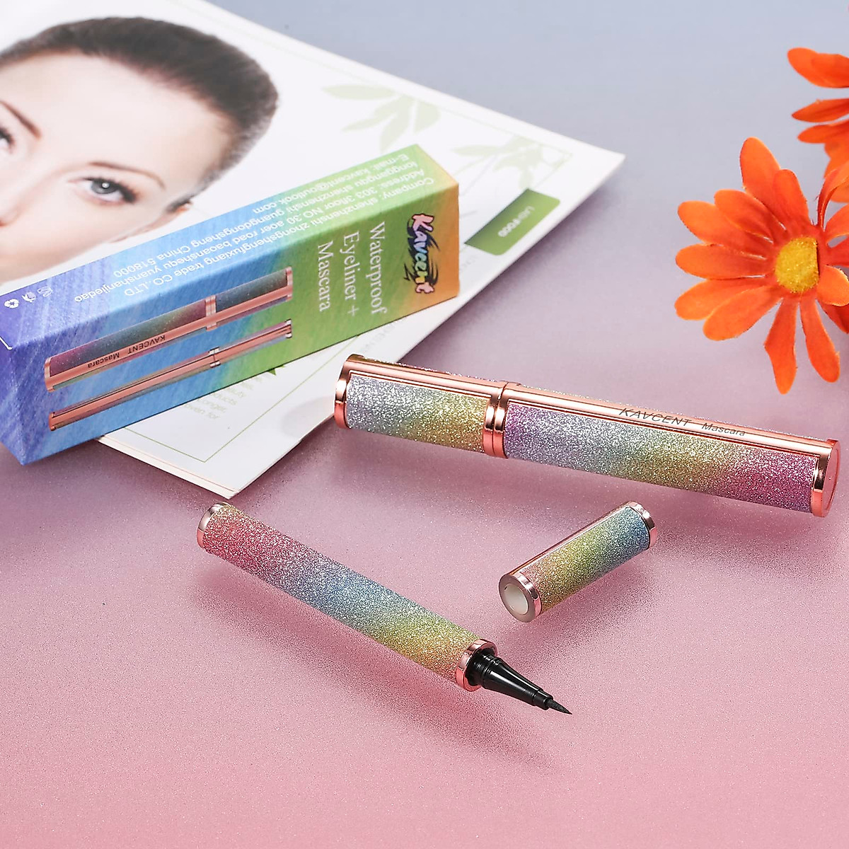 4D Silk Fiber Lash Mascara Liquid Eyeliner Set Waterproof Black Long Lasting Lengthening Thickening Eyelashes Smudge- proof 4D Mascara