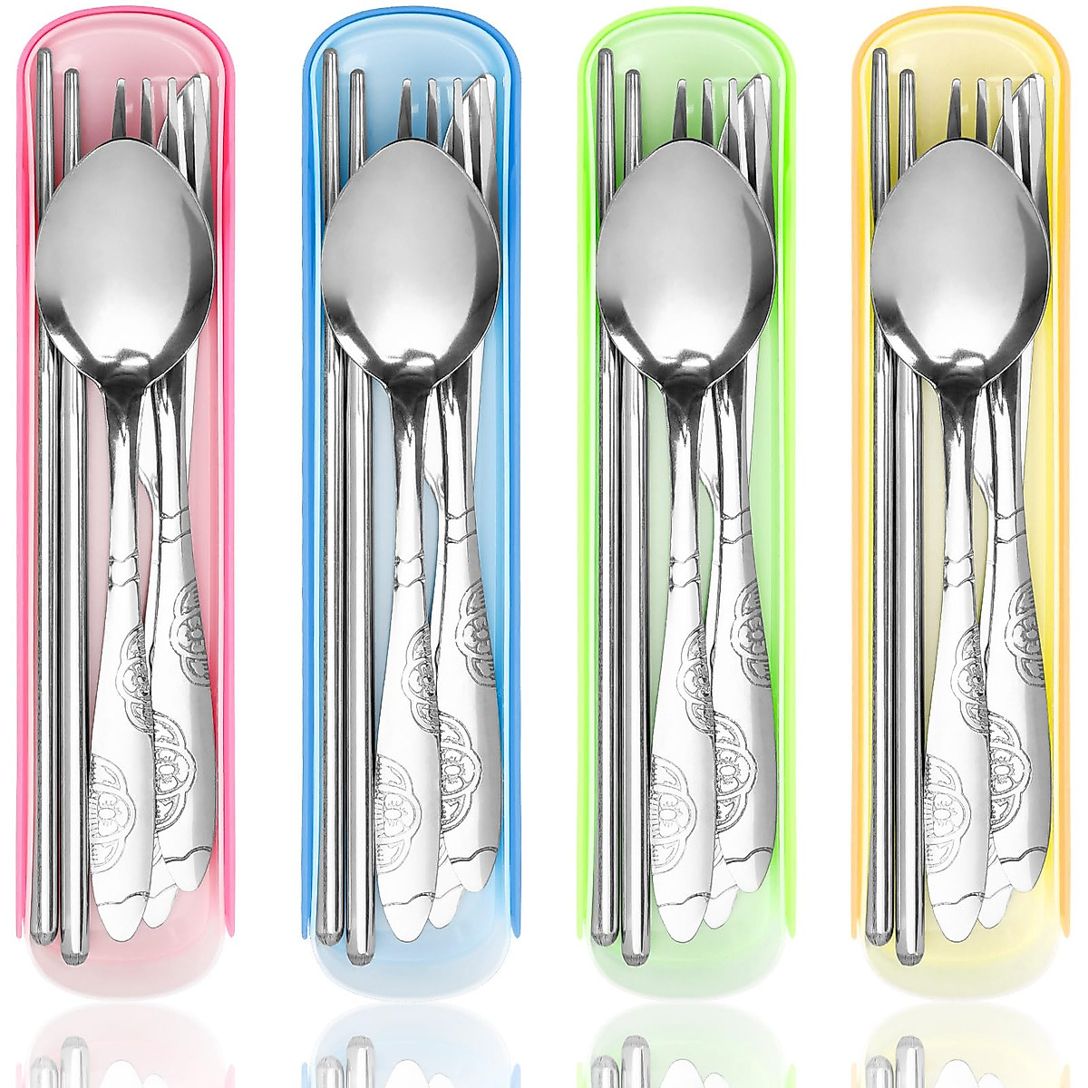 NOVWANG 4 Sets Travel Utensils with Case, Stainless Steel Cutlery Reusable utensils set with case Portable Silverware Lunch Box for Camping and Office