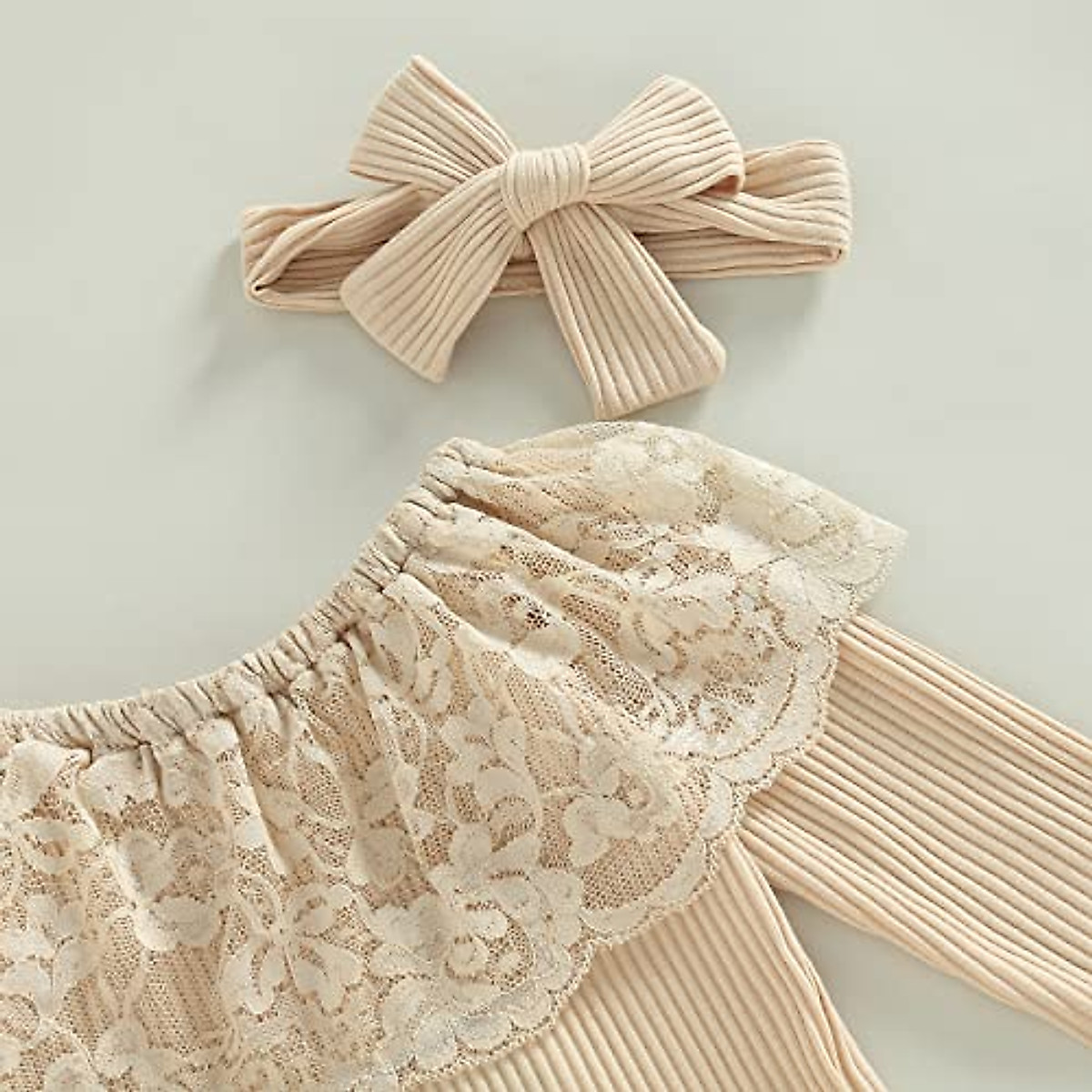 Vintage Baby Girl Clothes Infant Lace Onesie Ribbed Romper+Ruffle Flare Jeans+Headband Boho Spring Outfit (A Lace Oneise+Flare Jeans,0-6 Months)