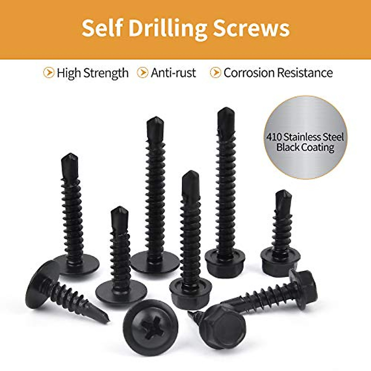 410 Stainless Steel #8 Self Tapping Screws, Hex Washer & Modified Truss Head Self Tapper Screws, VIGRUE 370PCS Self Screws for Metal Plastic Assortment Kit