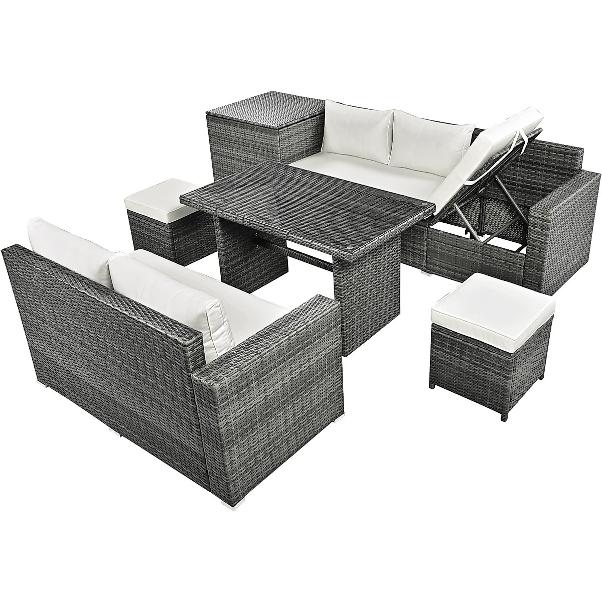 Merax Patio Dining Table Set, Outdoor 6-Piece All Weather PE Rattan Sofa Set, Wicker Sectional Furniture Set with Adjustable Seat, Storage Box, Removable Covers and Tempered Glass Top Table Beige