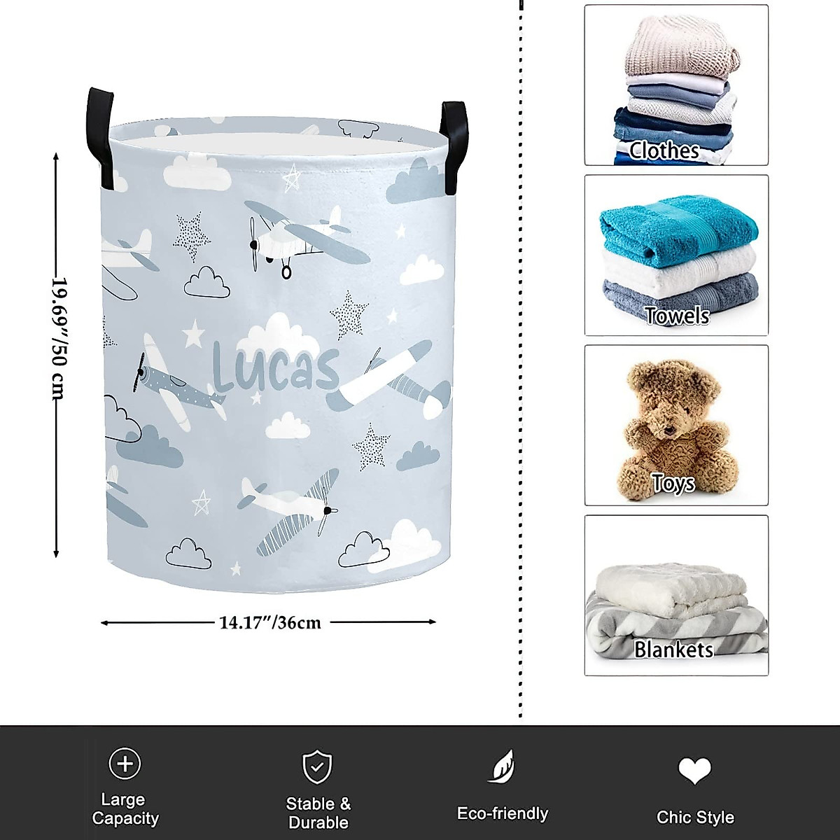 Airplane Blue Personalized Laundry Basket Hamper,Collapsible Storage Baskets with Handles for Room,Clothes, Nursery Decor