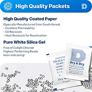 10gm Pack of 20 Dry&Dry Premium Pure & Safe Silica Gel Packets Desiccant Dehumidifier - Rechargeable Paper(FDA Compliant)