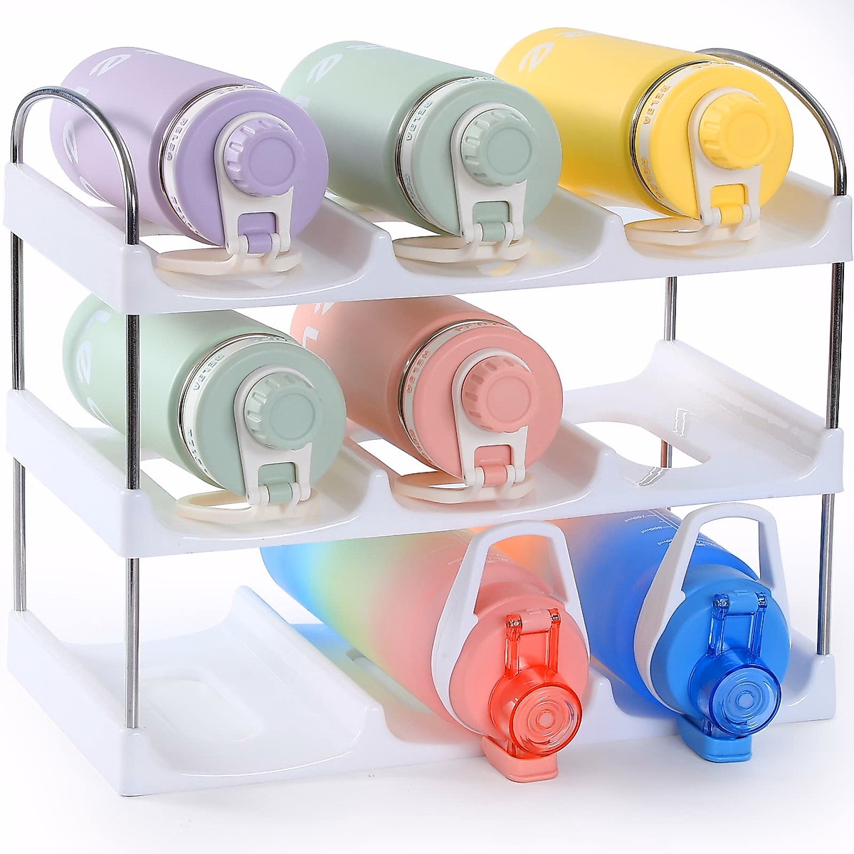 [ Large Compartment ] 3 Tier Stackable Water Bottle Organizer for Cabinet - 9 Bottle Holder Rack for Tumblers, Cups, Wine Bottles - Home Storage, Kitchen Organization Shelf for Countertop, Cupboard
