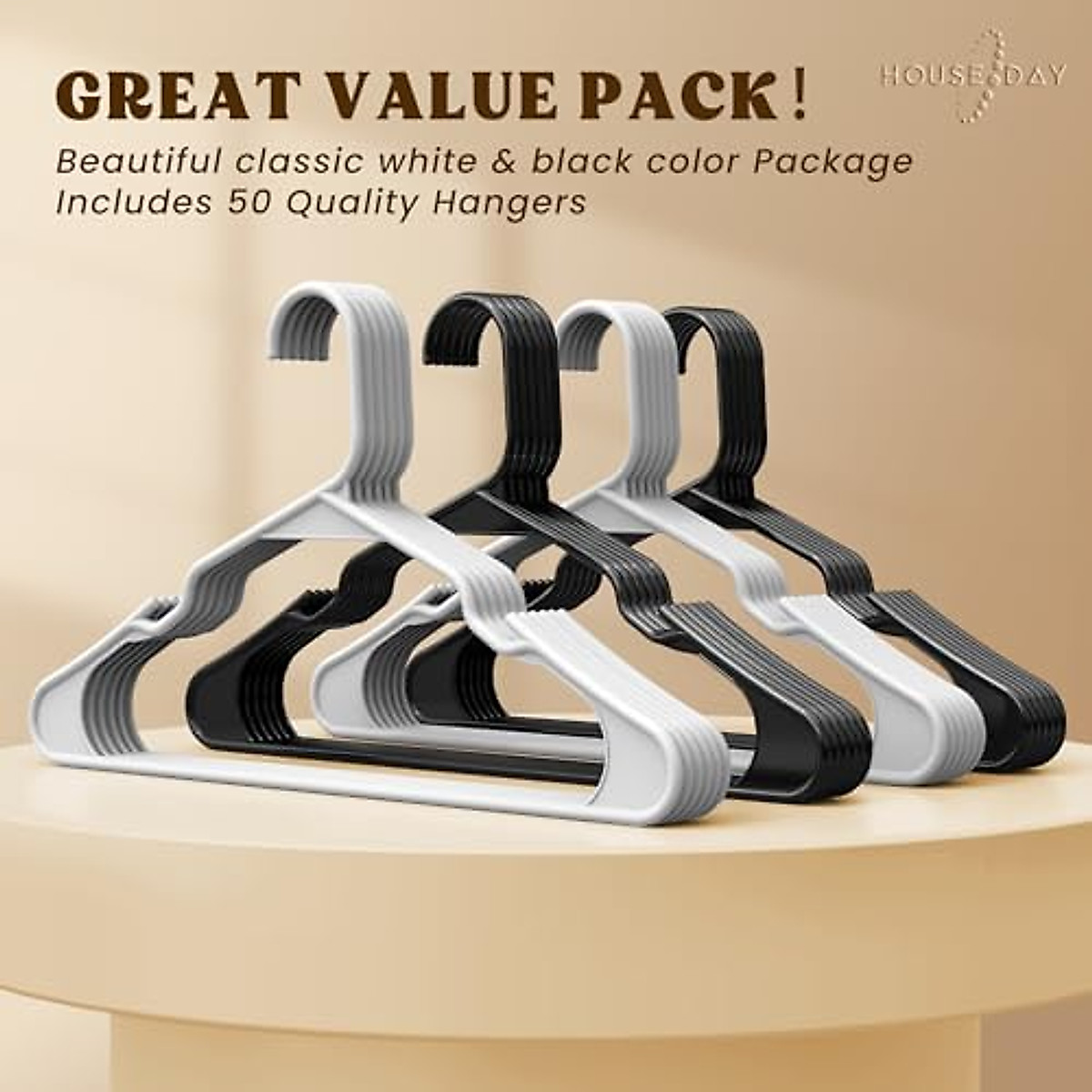 HOUSE DAY White Plastic Hangers 60 Pack, Plastic Clothes Hangers Space Saving, Sturdy Clothing Notched Hangers, Heavy Duty Coat Hangers for Closet, Laundry Hangers for Adult Coat, Suit, Shirt, Dress
