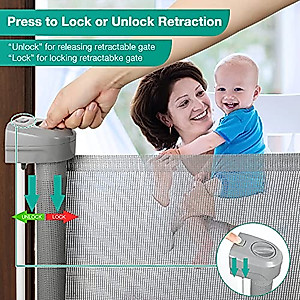 Retractable Baby Gates for Staris - PRObebi Retractable Dog Gate, Indoor Safety Gate Extends to 72" Wide 34" Tall, Extra Wide Baby Gate, Mesh Gate for Doorways, Hallways, Outdoor, Grey