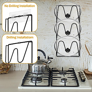Jinei 6 Pack Pot Lid Organizer Rack 3 Tier Pot Lids Holder No Drilling Adhesive Wall Mounted Lid Rack for Kitchen Cabinet Door Mounted Pot and Pan Covers Holder Rack