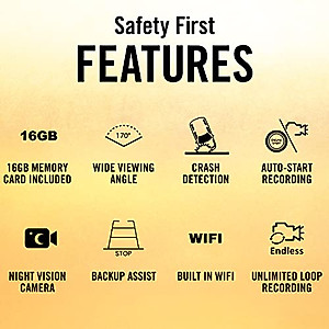 Hyperion 1080p WiFi Dash Cam with Crash Detection and Gesture Snapshot Photography, Loop Recording with 300° Rotatable Lens and 16GB Memory Card, Downloadable App