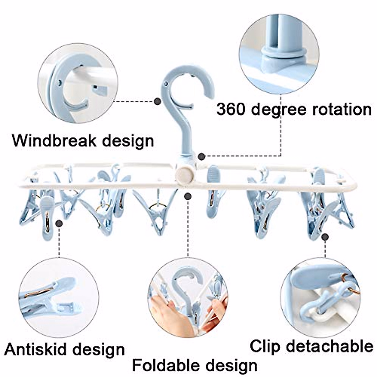 Clothes Drying Racks 2 Pack Small Folding Portable Underwear Hangers with Clips Socks 12 Clips 360° Rotatable Hook for Drying Towels Bras Baby Clothes Gloves Plast