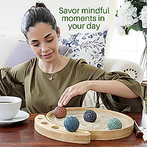 ENSO - Japanese Zen Garden Kit for Desk - Sand Garden Tools and Accessories Box Set for Office Desktop - 12” Large Round Bamboo Tray, 4 Stamp Spheres, Natural Sand, Rake - Mini Zen Decor Gifts