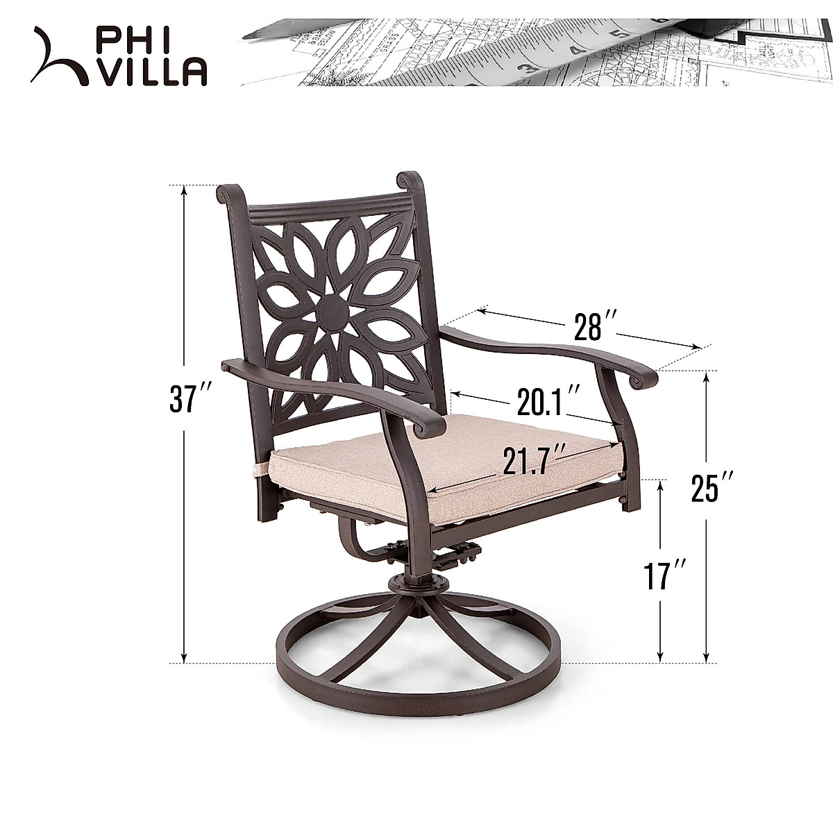 PHI VILLA Cast Aluminum Outdoor Patio Swivel Dining Chairs, Extra Wide Armrest Chairs with Seat Cushion, Casting Aluminum Back for All Weather, Set of 2