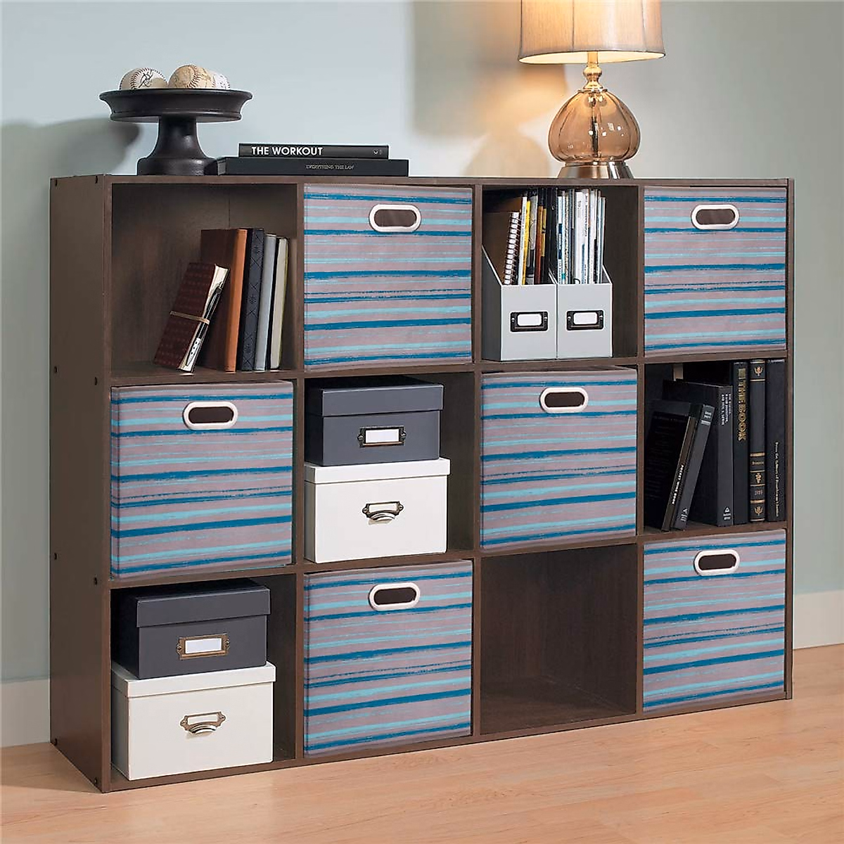 HSDT 13 inch Collapsible Storage Cubes Bins Teal Stripes Fabric Storage Boxes Foldable Cube Inserts Storage Grey Printed Folding Cloth Storage Baskets Drawer Organizer ,QY-SC05-3