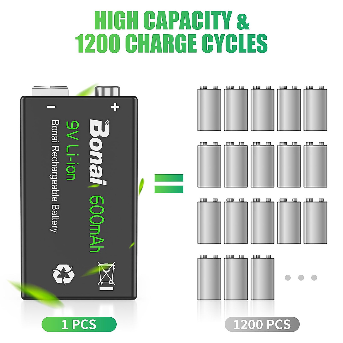 BONAI 8+1 Bay Battery Charger with LCD Display for AA AAA NiMH NiCd 9V Rechargeable Batteries with 9V Lithium Rechargeable Batteries 600mAh High Capacity Long-Lasting & Economical 4 Pack