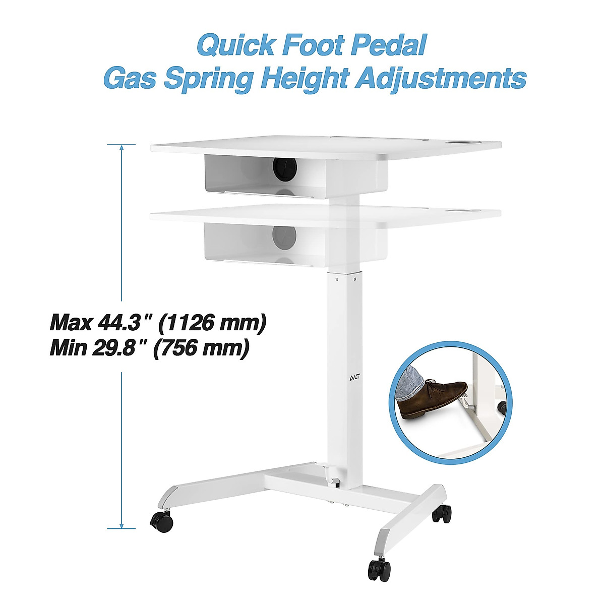 AVLT 44" Height Adjustable Foot Pedal Rolling Desk with Shelf (3 ft 8 inches) - Pneumatic Laptop Standing Desk Cart - Mobile Laptop Cart - White Computer Projector Cart with Brake Casters