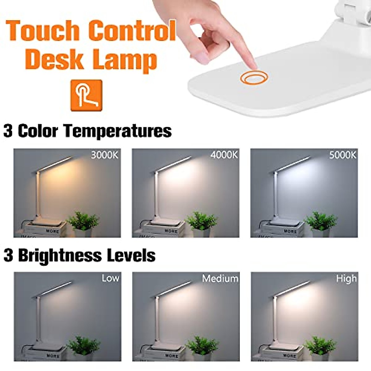AVV LED Desk Lamp, Desk Lamps for Home Office, Dimmable Eye-Caring Desk Light with 3 Color Modes, Touch Control Adjustable Table Office Lamp, Foldable Desk Lamp with Adapter, White