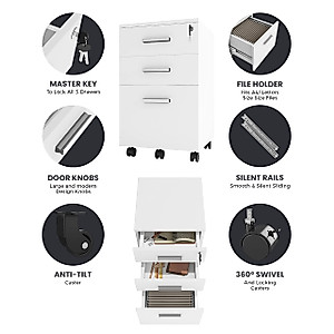 Lazio 26 Inch File Cabinet with Lock - Filing Cabinet for Home and Office - 3 Drawer File Cabinet with Wheels for A4 Sized Letters/Documents, Legal Sized Documents, Hanging File Folders - White/White