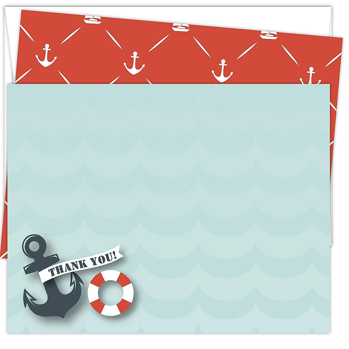 Koko Paper Co Nautical Thank You Cards | 25 Flat Note Cards and Envelopes | Printed on Heavy Card Stock.