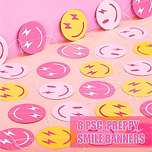 Ctosree 8 Pcs Preppy Hot Pink Birthday Party Decorations Happy Face Banner Preppy Party Decorations Smile Face Hanging Banners for Girls Kids Female Bachelorette Birthday Preppy Party Supplies