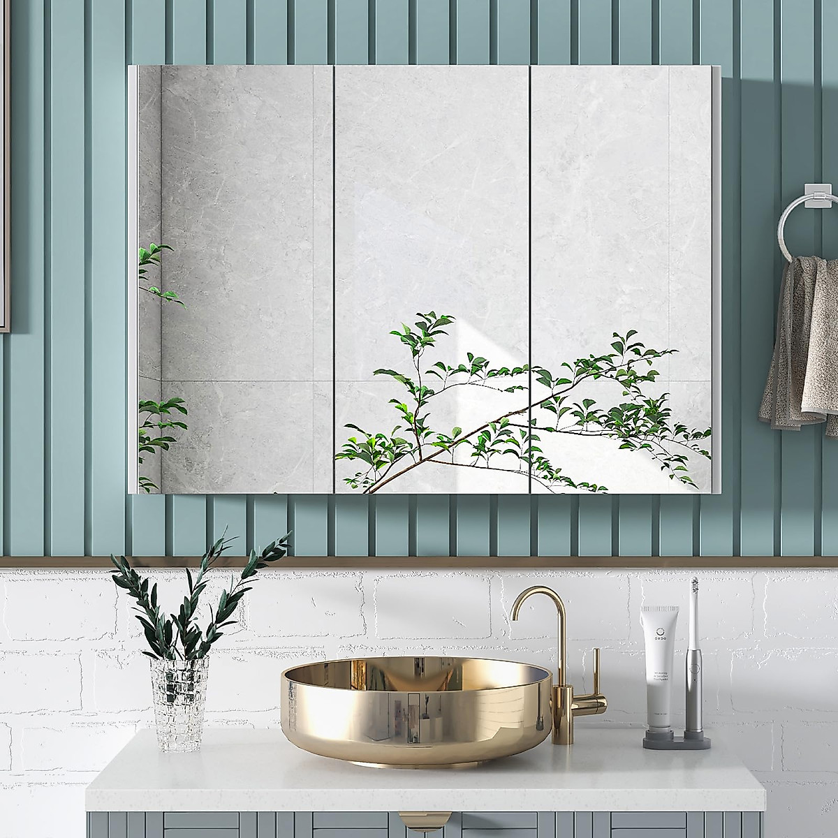 Giantex Bathroom Medicine Cabinet with Mirror - Extra Large Wall Mounted Cabinet with 3 Frameless Mirrored Doors, 2 Adjustable Shelves, 36” x 25.5” Recessed or Surface Mount Bathroom Cabinet