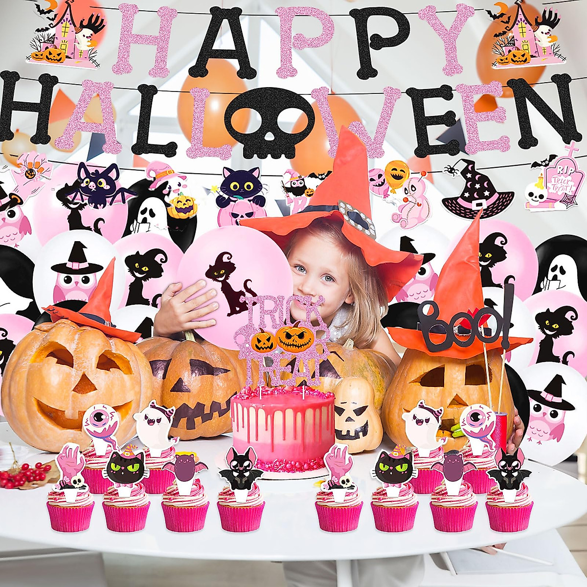 DPKOW Pink Halloween Party Decorations with Happy Halloween Banners, Cupcake Toppers and Balloons Pink and Black Halloween Decorations for Girls Kids Baby Shower Boo Day Birthday Party Supplies, 36Pcs
